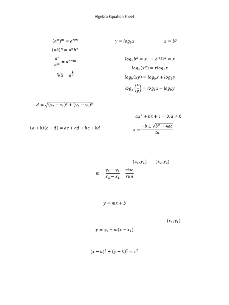 Algebra Equation Sheet | PDF
