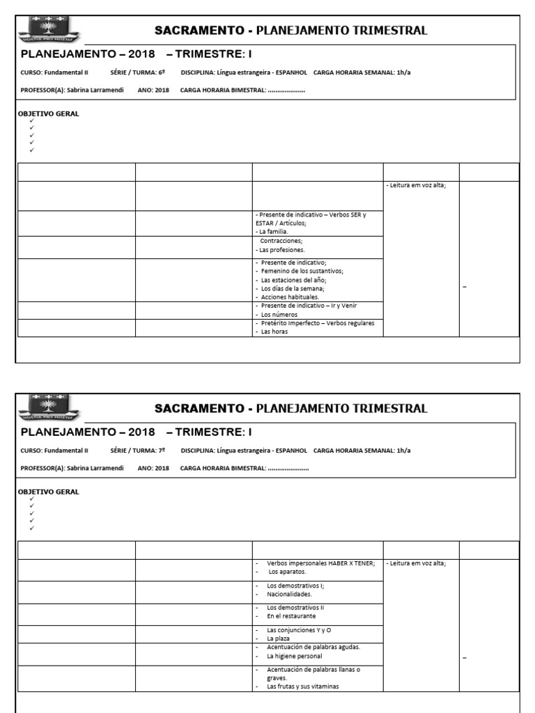 Planejamento - Espanhol - 2018 - Prof Sabrina Larramendi | PDF ...