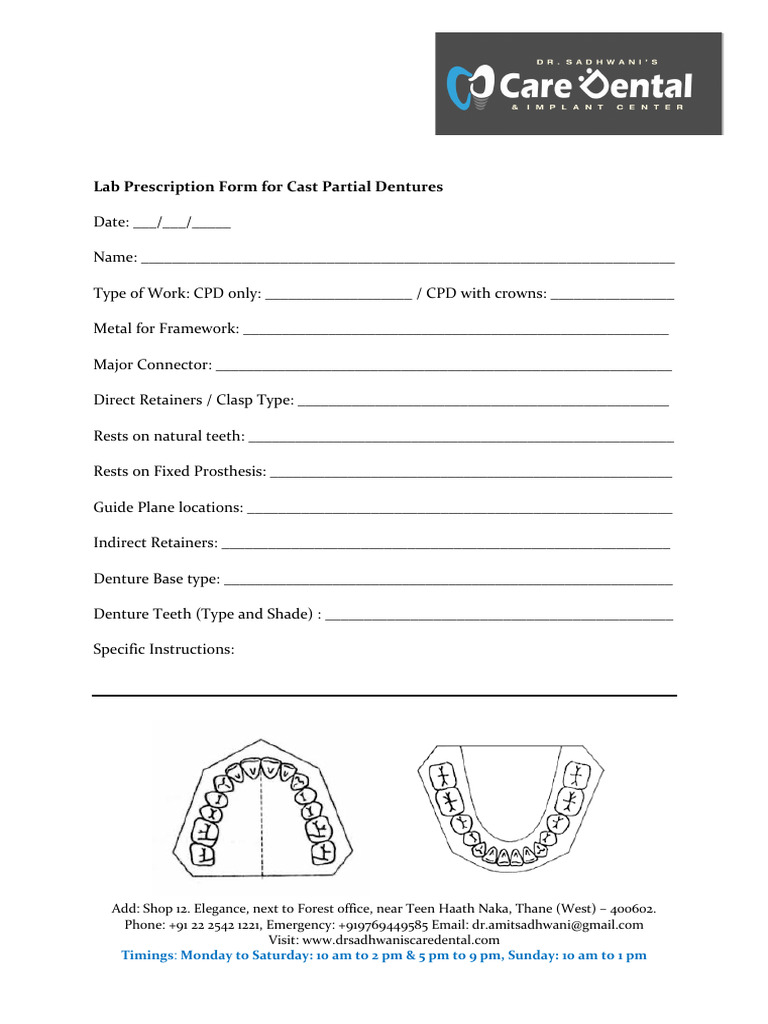 Lab Prescription Form For Cast Partial Dentures | PDF