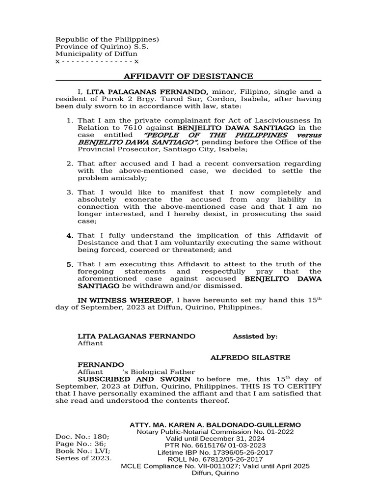 Affidavit of Desistance - Lita Palaganas Fernando | PDF | Affidavit ...