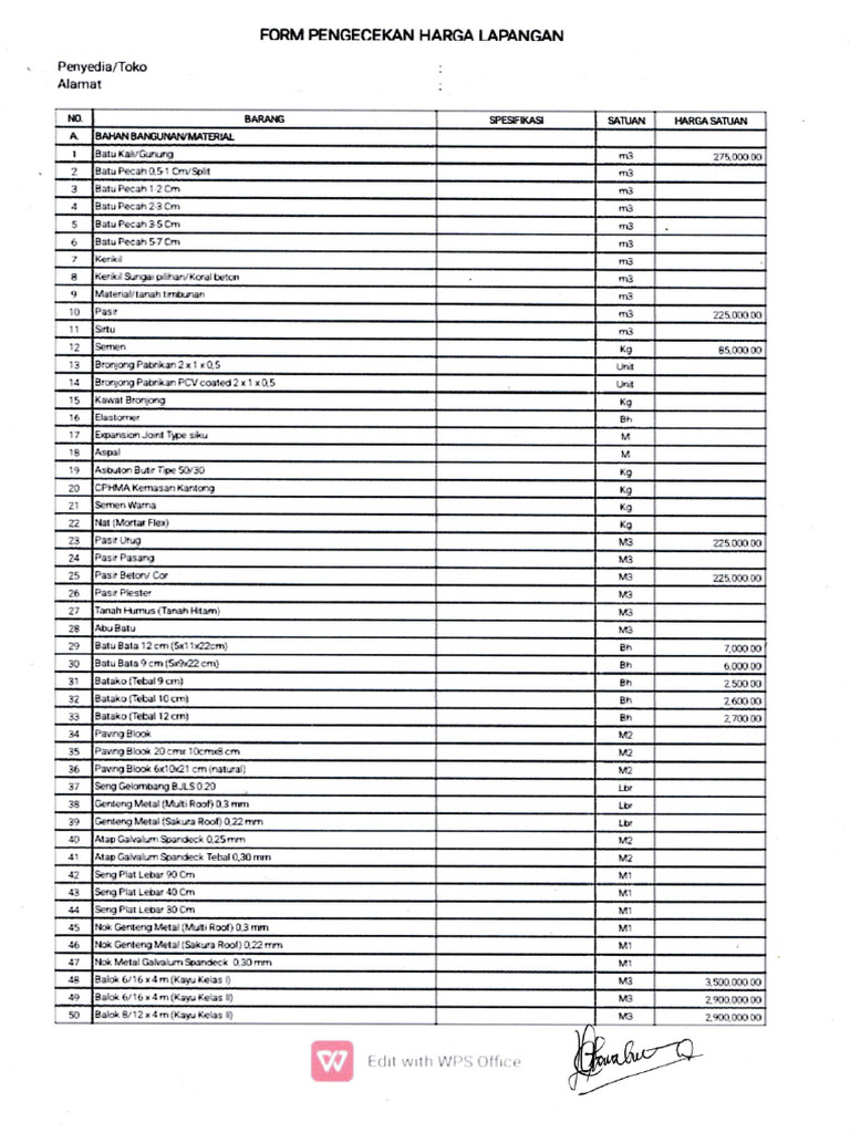 Form Pengecekan Harga Lapangan | PDF