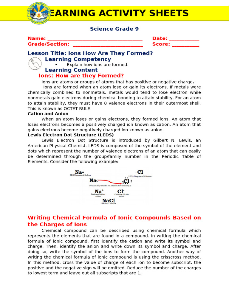 LAS Sci9 How Ions Formed | PDF | Ion | Chemical Compounds