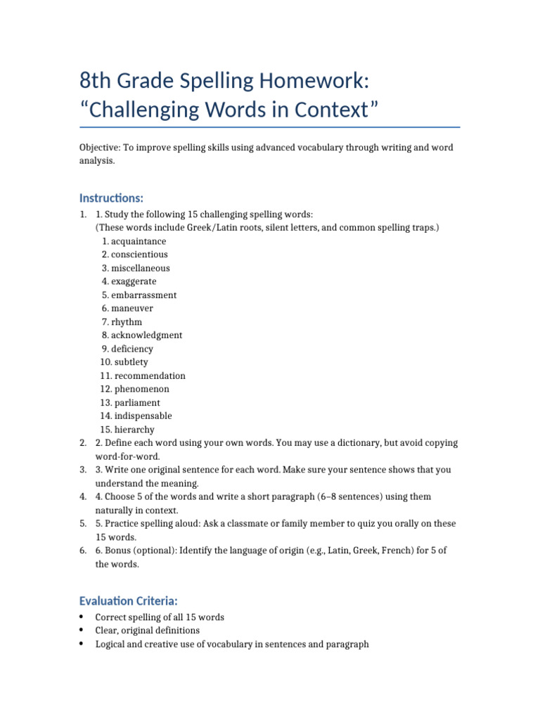 8th Grade Spelling Homework | PDF