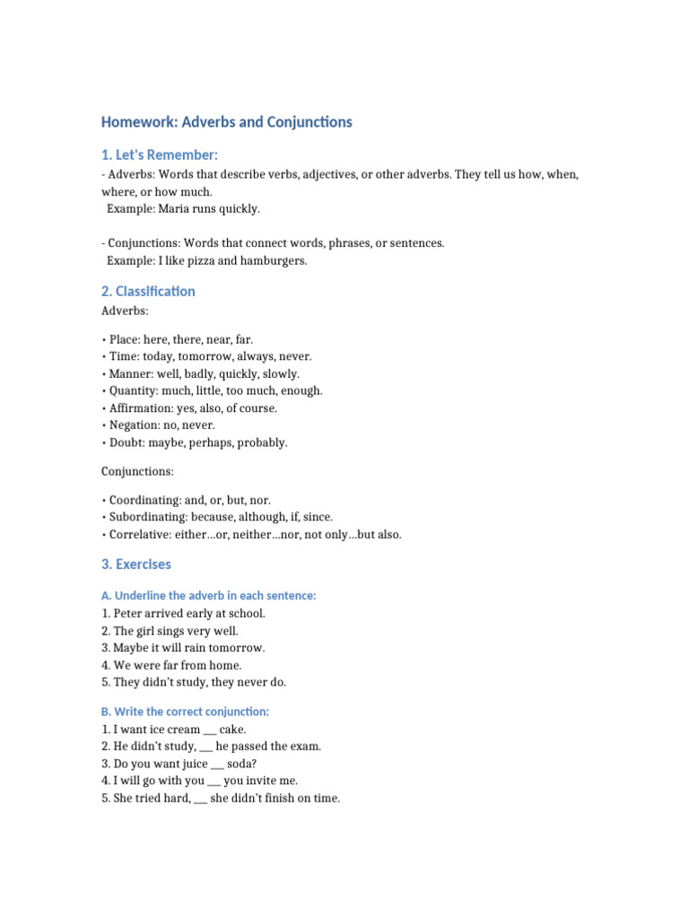 Homework Adverbs Conjunctions | PDF