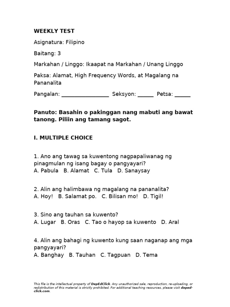 Grade3 Filipino Weekly Test Week1 | PDF