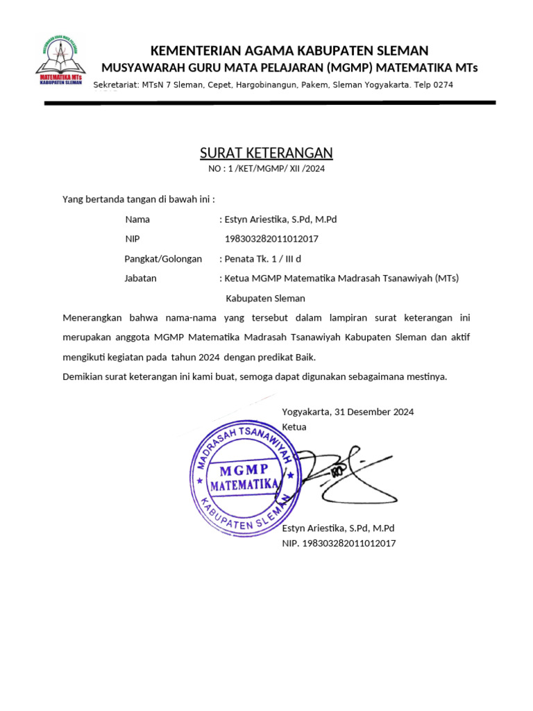 Surat Keterangan Aktif MGMP MTK MTs Kab. Sleman Th. 2024 | PDF