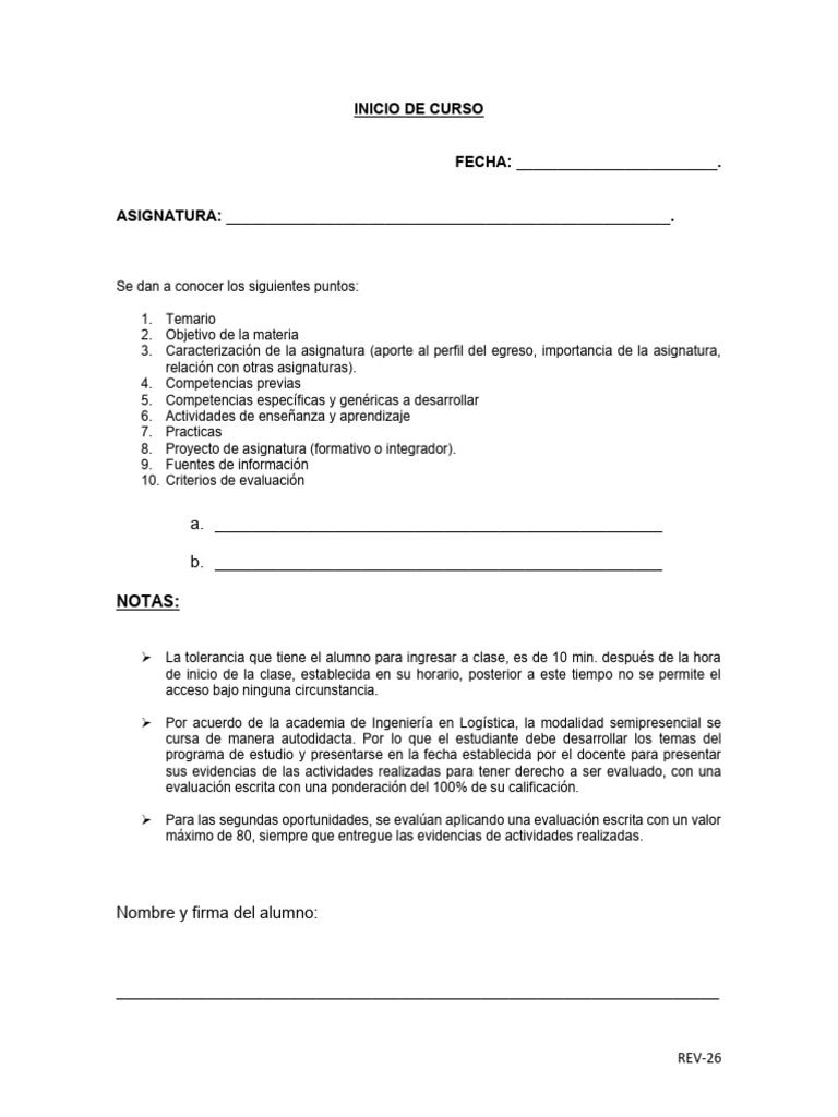 Hoja de Inicio de Curso Rev26 | PDF