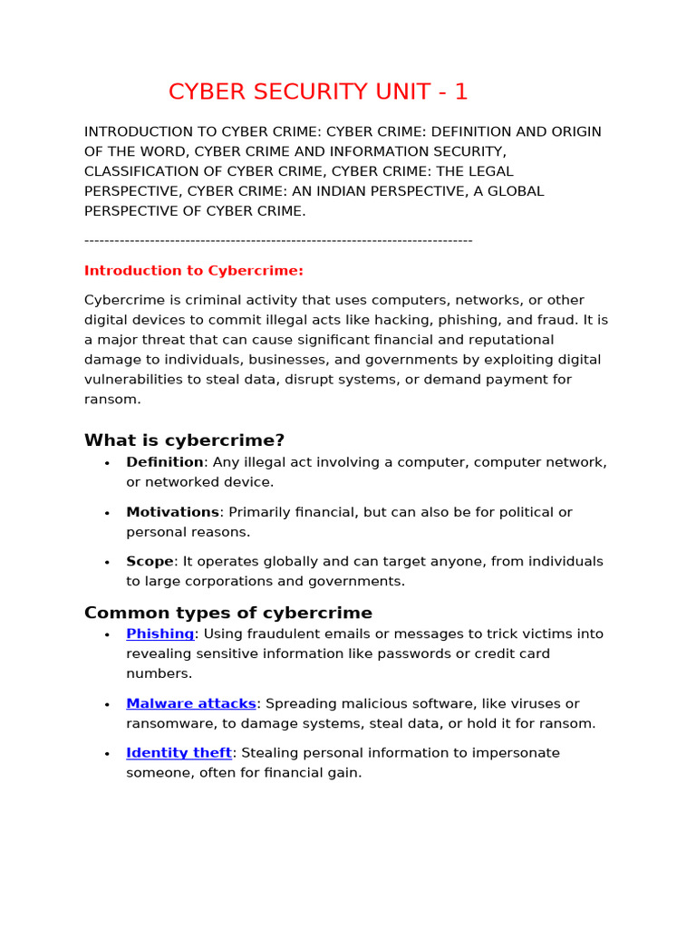 Cyber Security Unit 1 | PDF | Cybercrime | Security