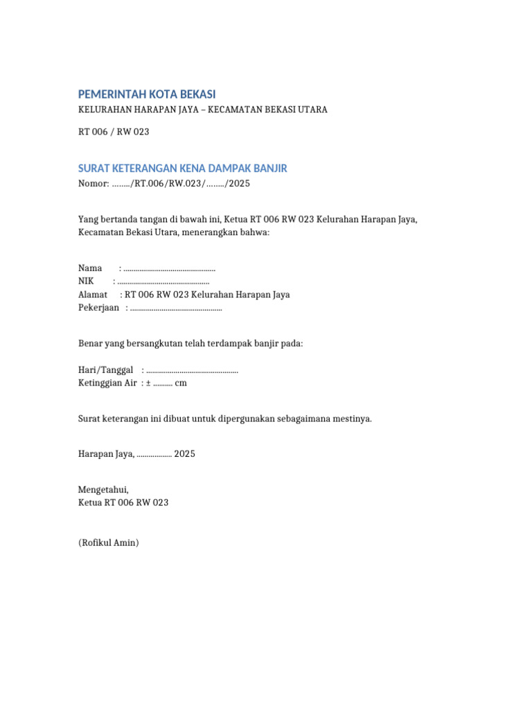 Surat Keterangan Dampak Banjir RT 006 | PDF