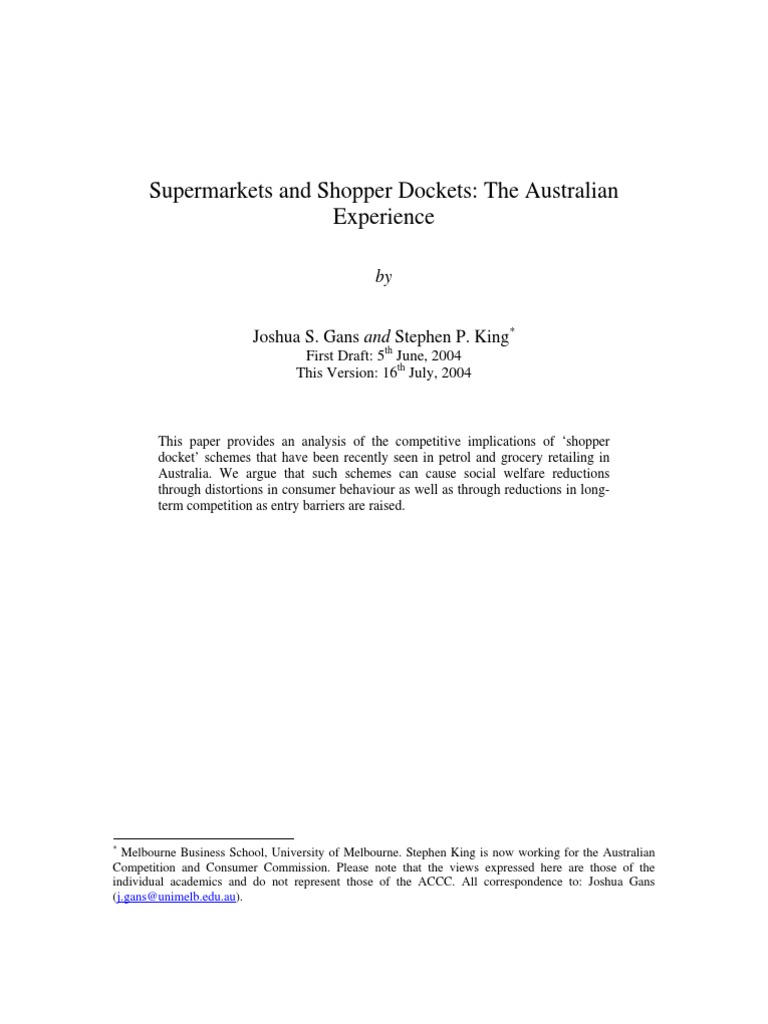 Supermarkets and Shopper Dockets: The Australian Experience: Joshua S ...
