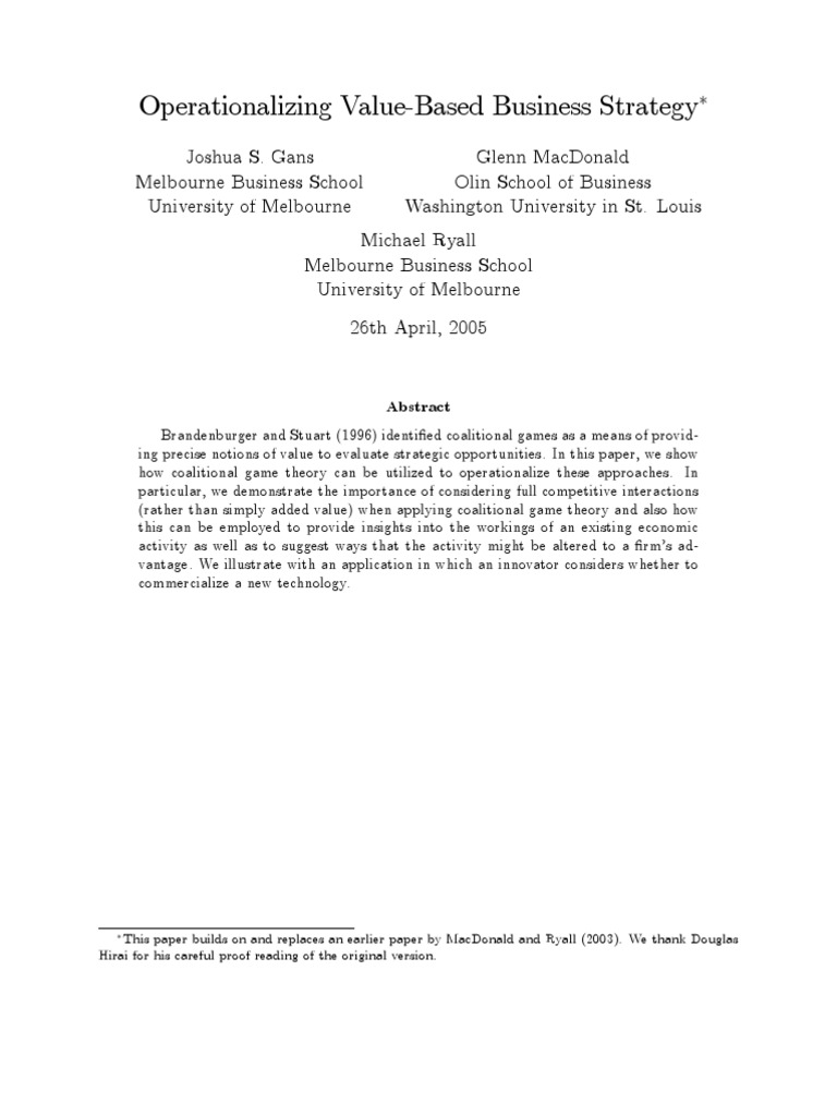 Operationalizing Value-Based Business Strategy | PDF | Game Theory ...