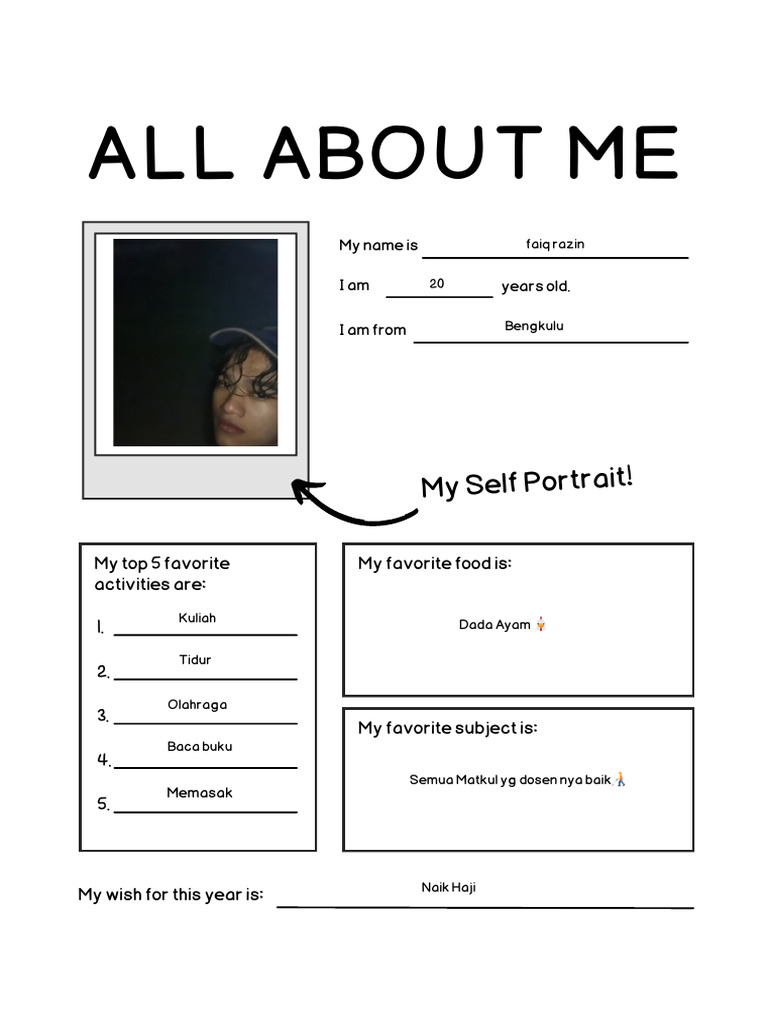 Simple Black and White Student Introduction All About Me Worksheet ...