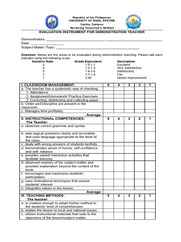 Demonstration Teaching Evaluation Form | PDF | Teachers | Teaching Method