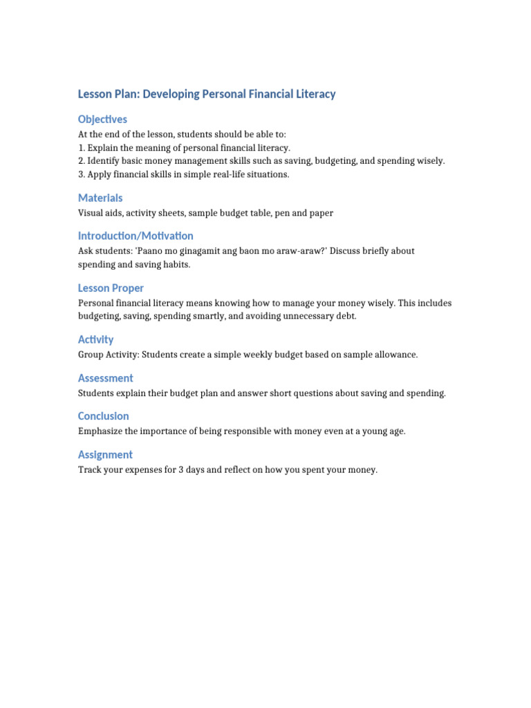 Developing Personal Financial Literacy Lesson Plan | PDF