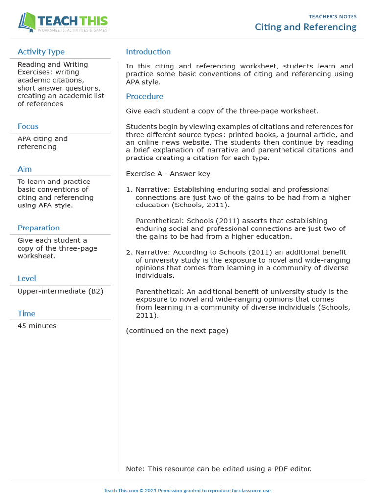 Citing and Referencing Worksheet | PDF | Citation | Bracket