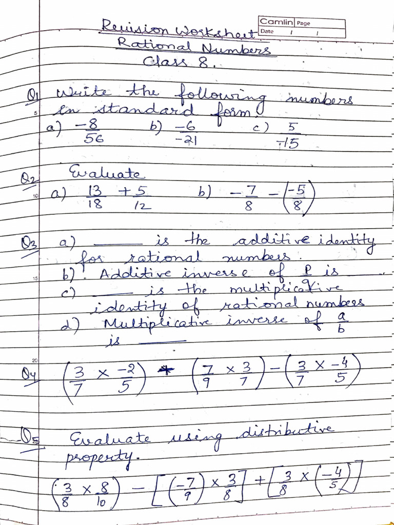 Revision Worksheet - Rational Numbers Class 8 | PDF
