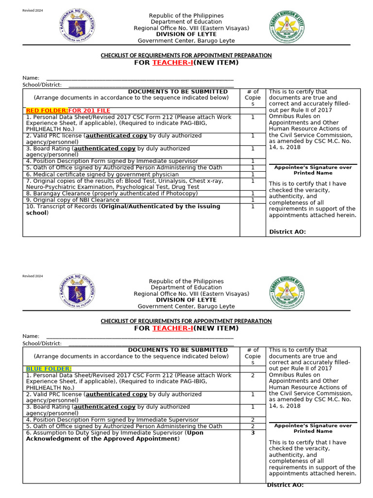 Revised 2024 Checklist To PRINT | PDF