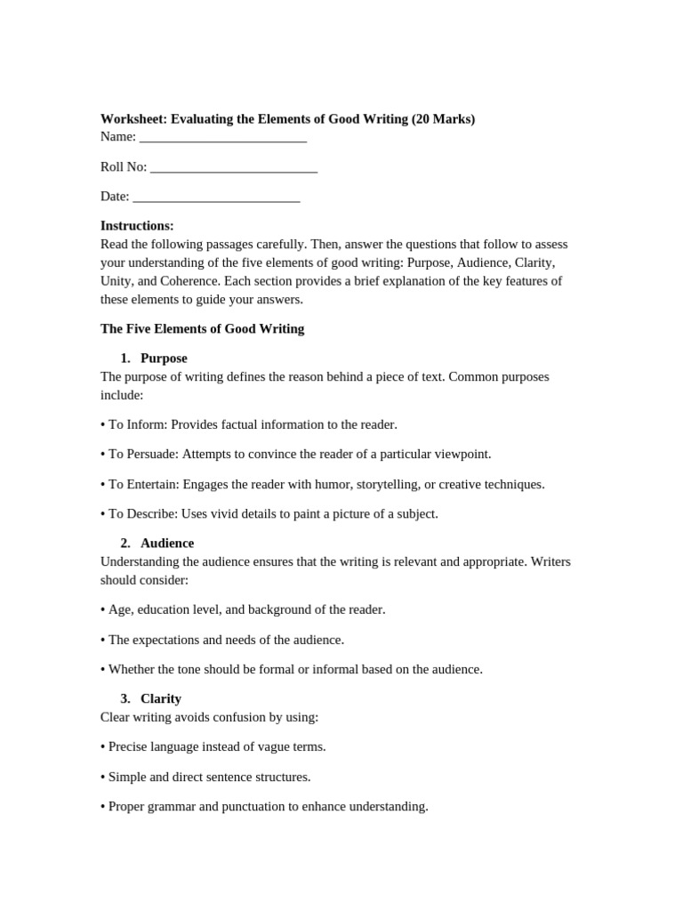 Elements of Good Writing (Worksheet) | PDF | Writing | Human Communication