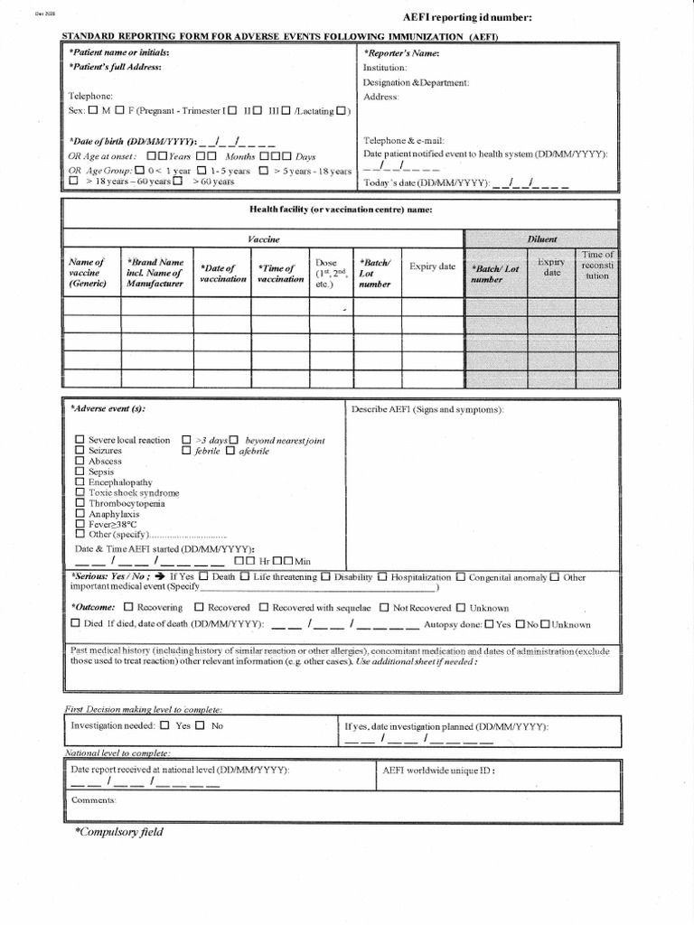 Adverse Event Following Immunization Form | PDF