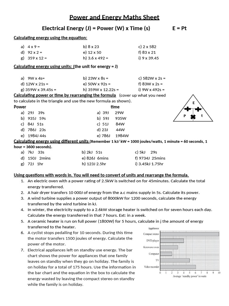 Power and Energy Maths Sheet | PDF | Watt | Power (Physics)