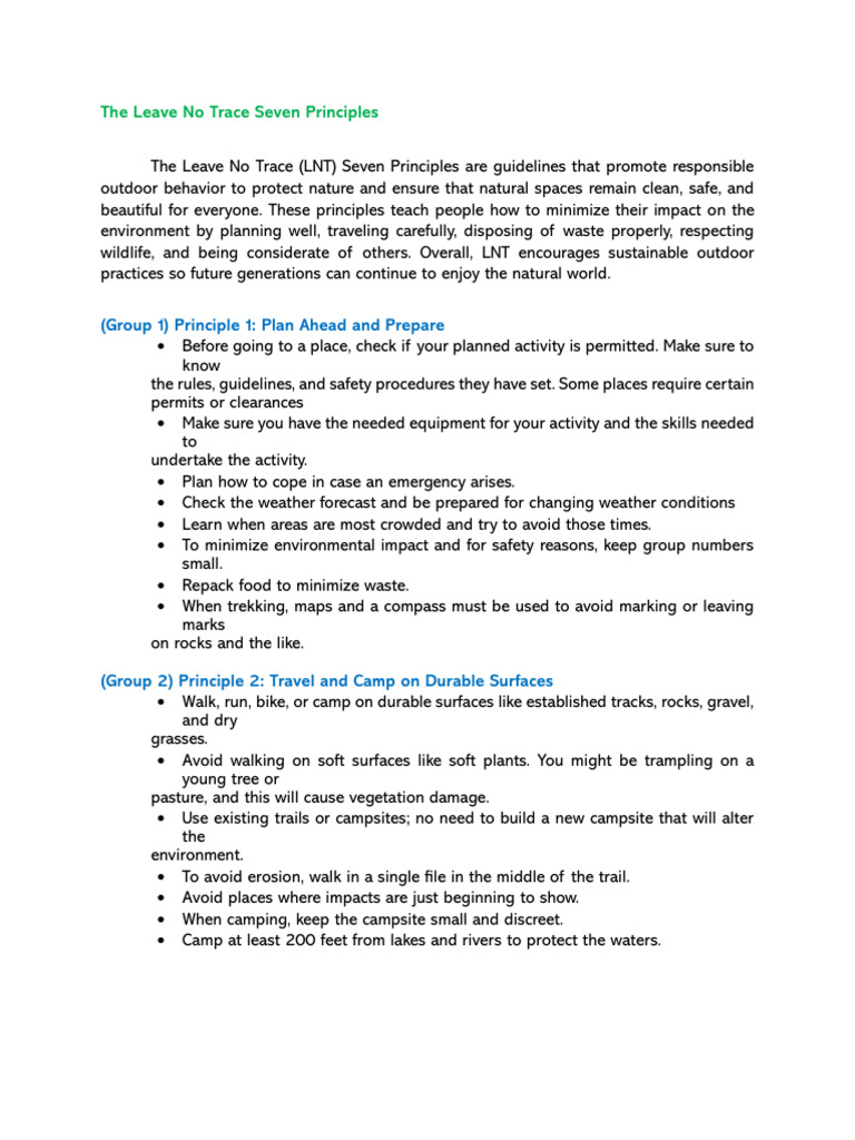 The Leave No Trace Seven Principles Reviewer | PDF | Natural Environment