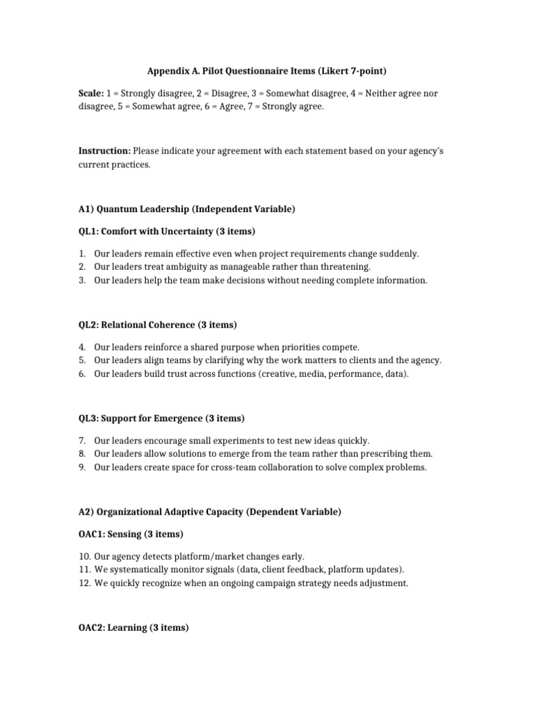 Appendix A Pilot Questionnaire Likert7 | PDF | Likert Scale | Leadership
