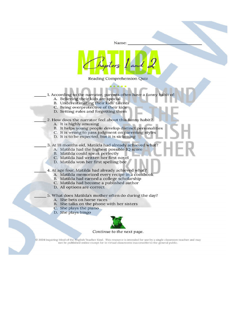Matilda Worksheet 1 | PDF