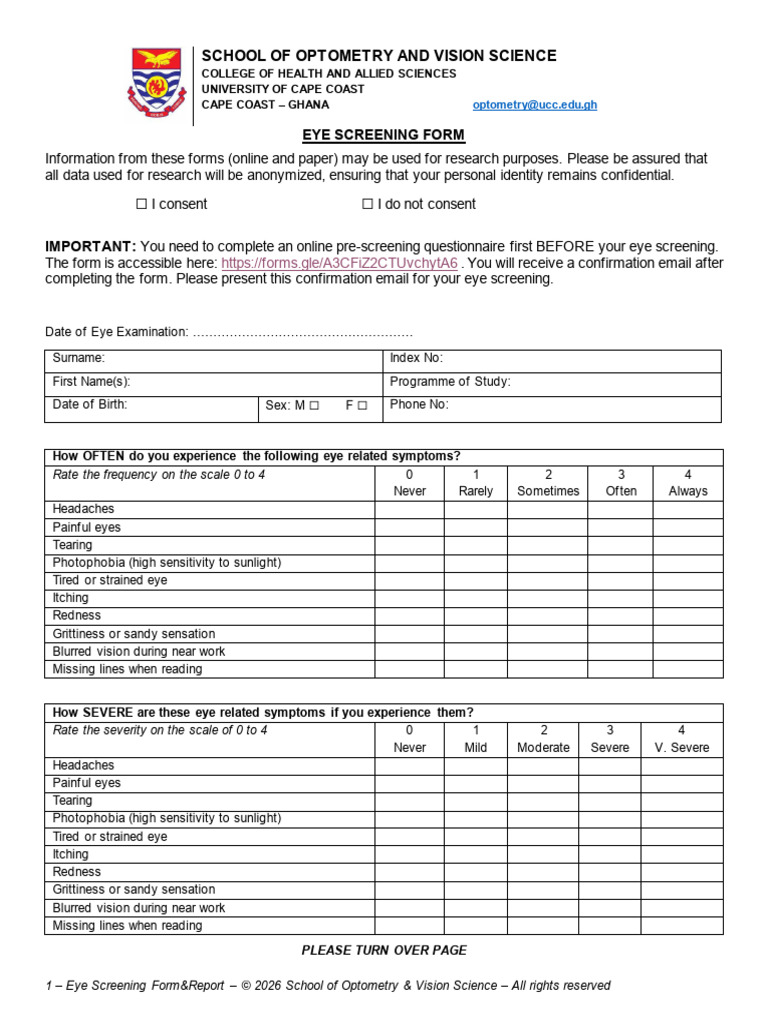 2025-2026 Eye Screening Form UCCUpdated | PDF | Optometry | Vision