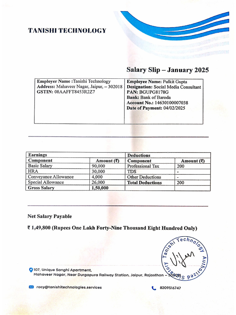Tanishi Technology January Salary Slip | PDF