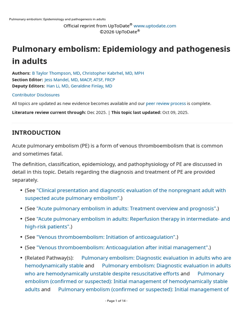 Pulmonary Embolism - Epidemiology and Pathogenesis in Adults | PDF ...