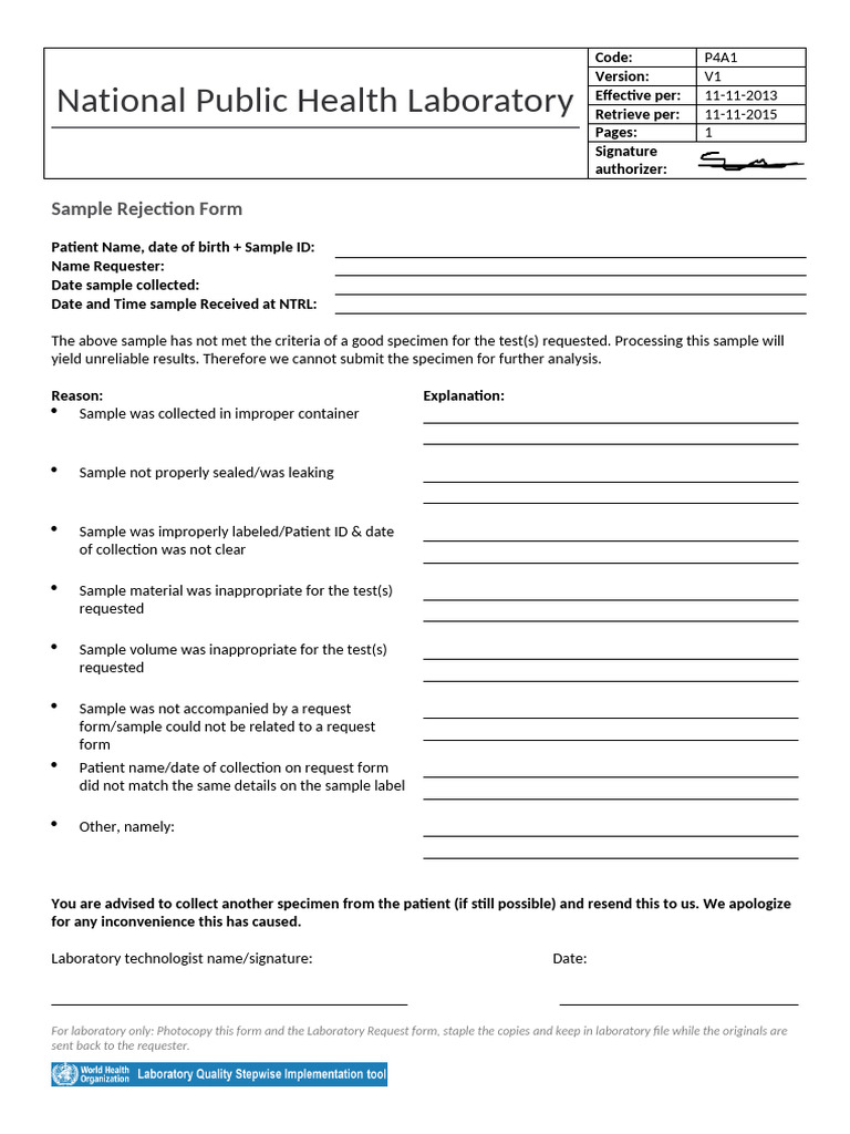 Template Sample Rejection Form | PDF