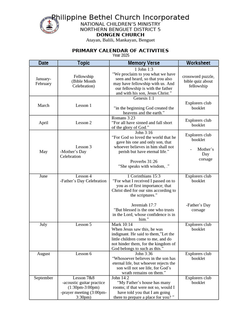 Primary Calendar of Activities | PDF | Eternal Life (Christianity ...
