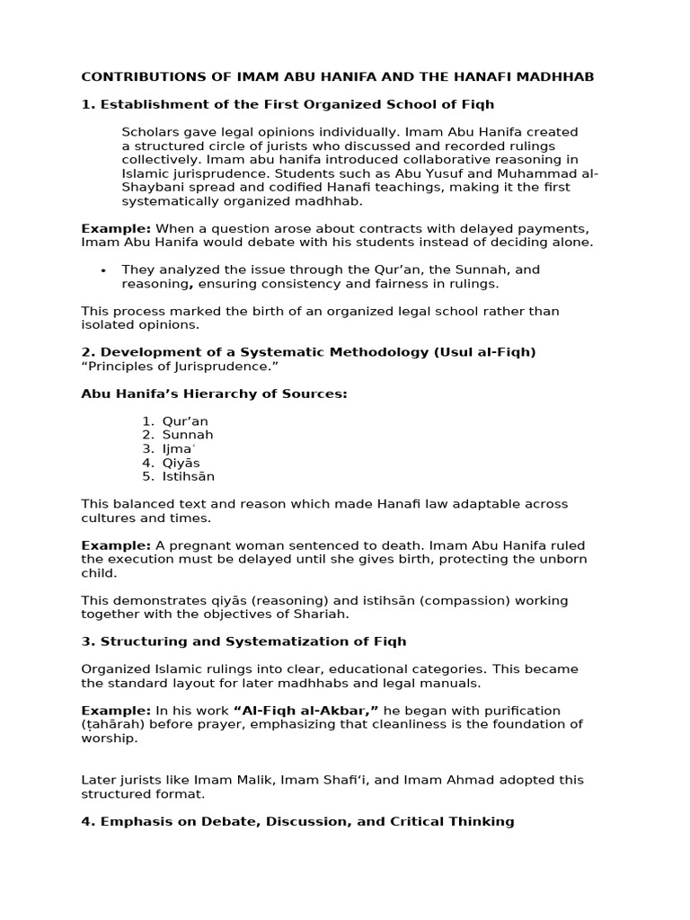 Outline of The Contributions of Imam Hanifa | PDF | Islamic ...
