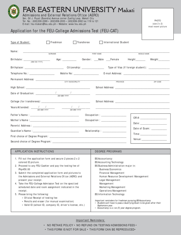 FEU Makati Application Form | PDF