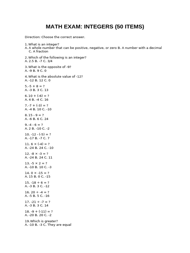 Math Integers Exam 50 Items | PDF