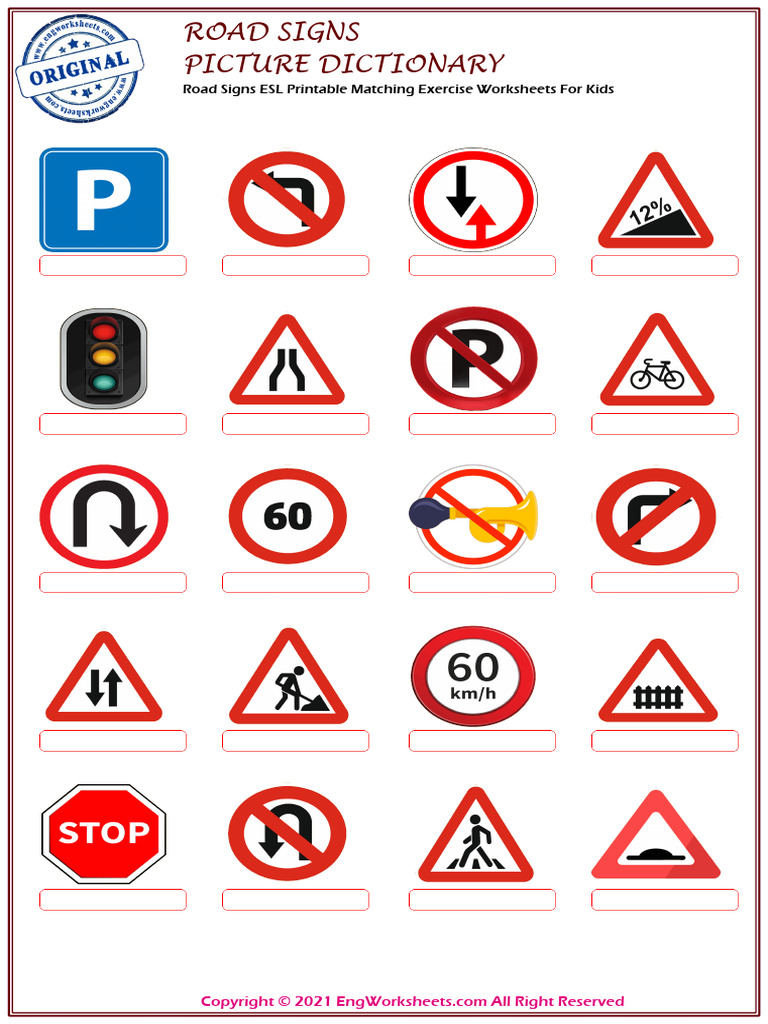 Road Signs Esl Printable Matching Exercise Worksheets For Kids 2880 | PDF