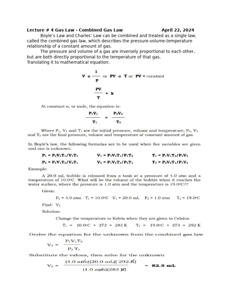 Gas Law Combined Gas Law | PDF