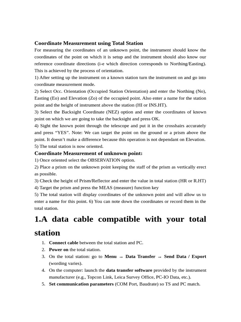 Coordinate Measurement Using Total Station | PDF | Surveying | Usb