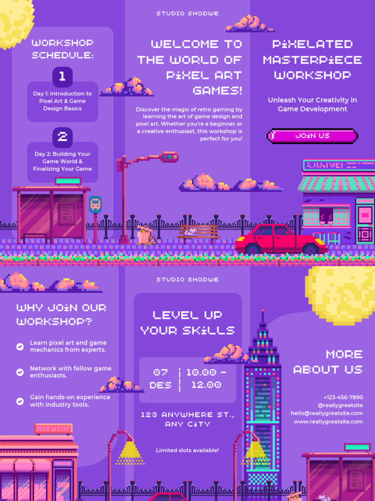 Purple Pixel Pixelated Masterpiece Game Workshop Trifold Brochure | PDF