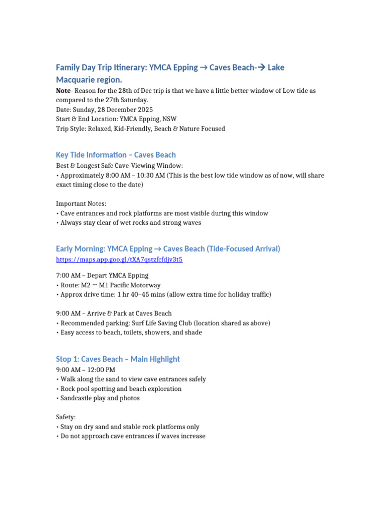 Caves Beach Itinerary 28 Dec 2025 YMCA Epping | PDF