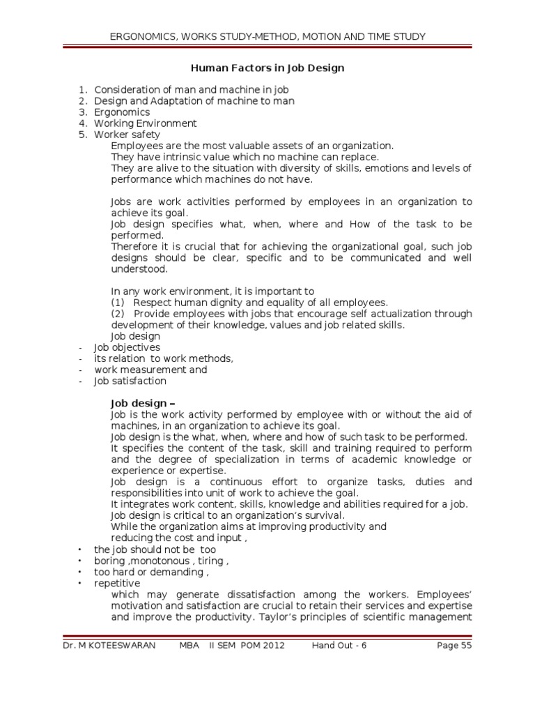 6 Ergonomics, Works Study - Method, Motion and Time Study POM Hand Out ...