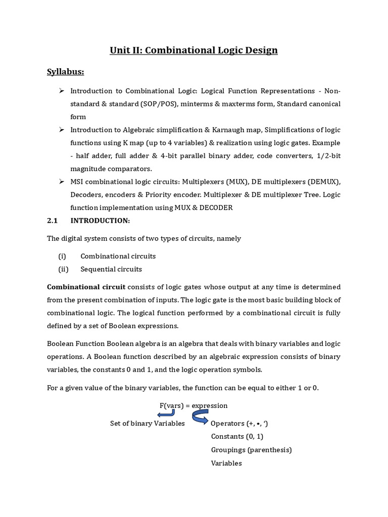 Unit II - Combinational Logic Design - SBP | PDF | Logic Gate | Boolean ...