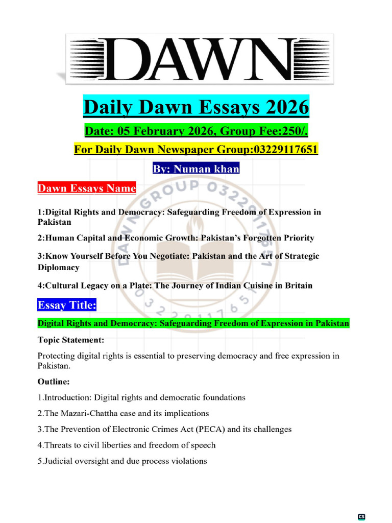 5 February Dawn Esssays 2026 by 03229117651 | PDF