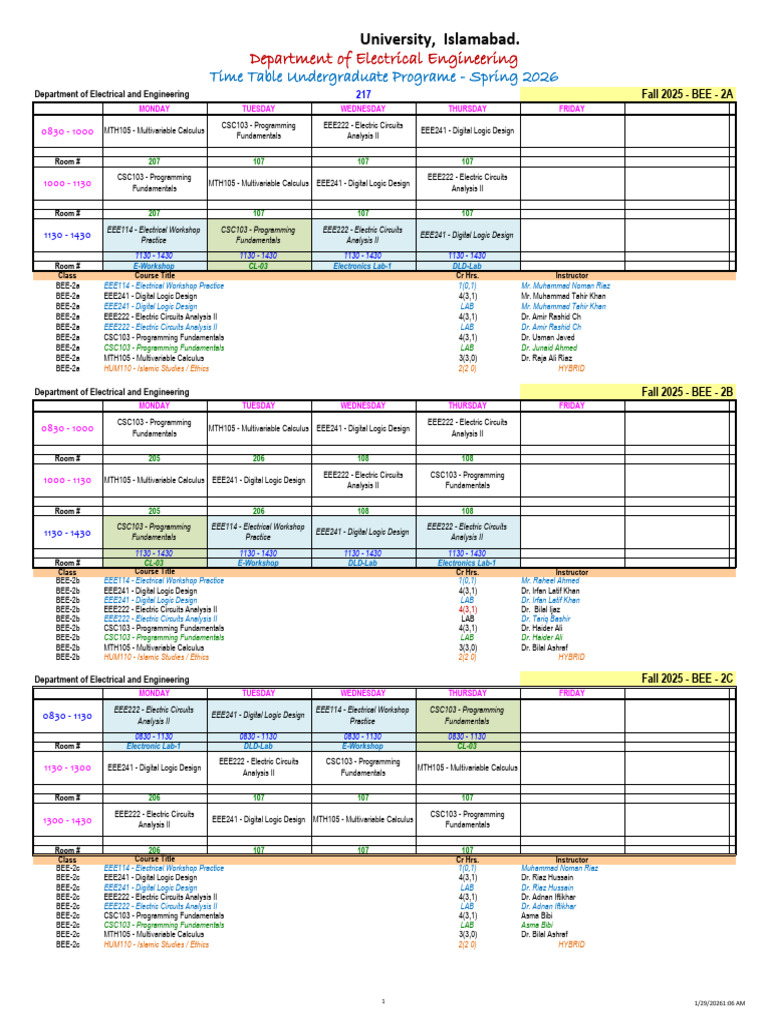 6 - Electrical Engineering - Time Table - Spring 2026 | PDF | Computing ...