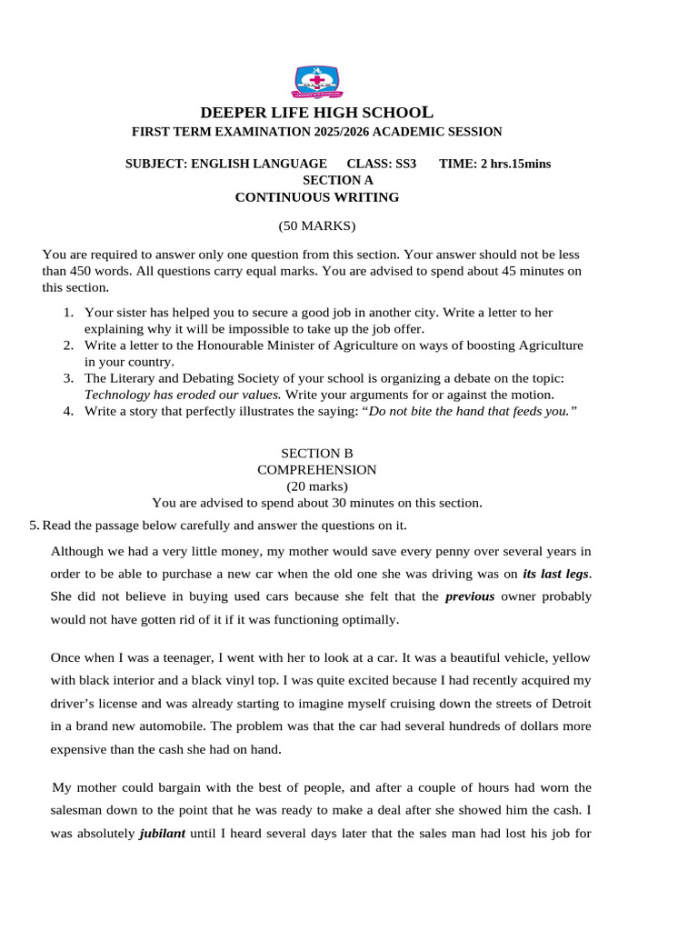 Ss 3 English Language First Term Exam 2025-2026 | PDF | Stocks | Share ...