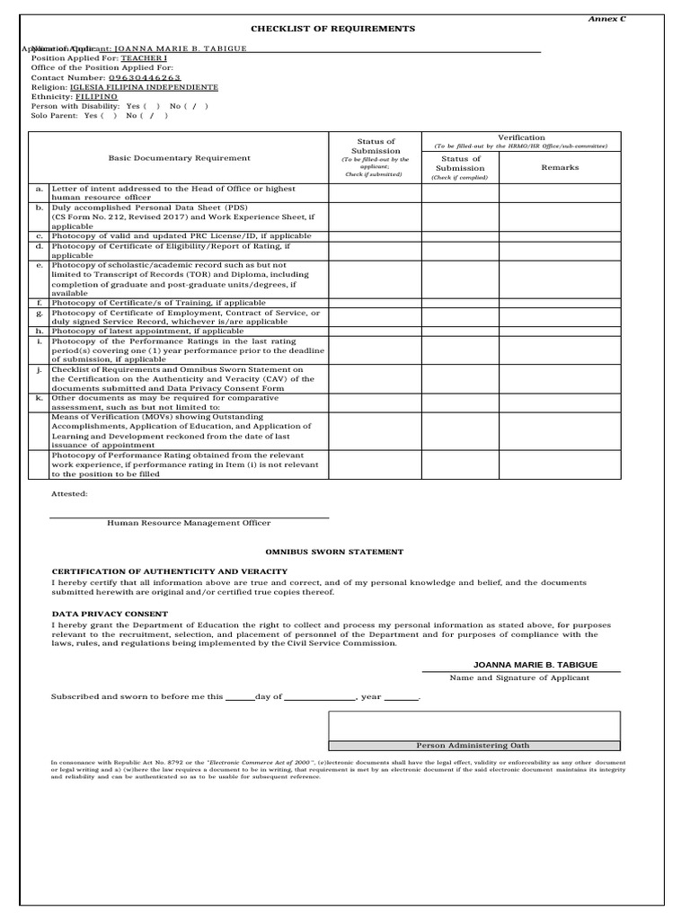 Annex C - Checklist of Requirements and Omnibus Sworn Statement | PDF