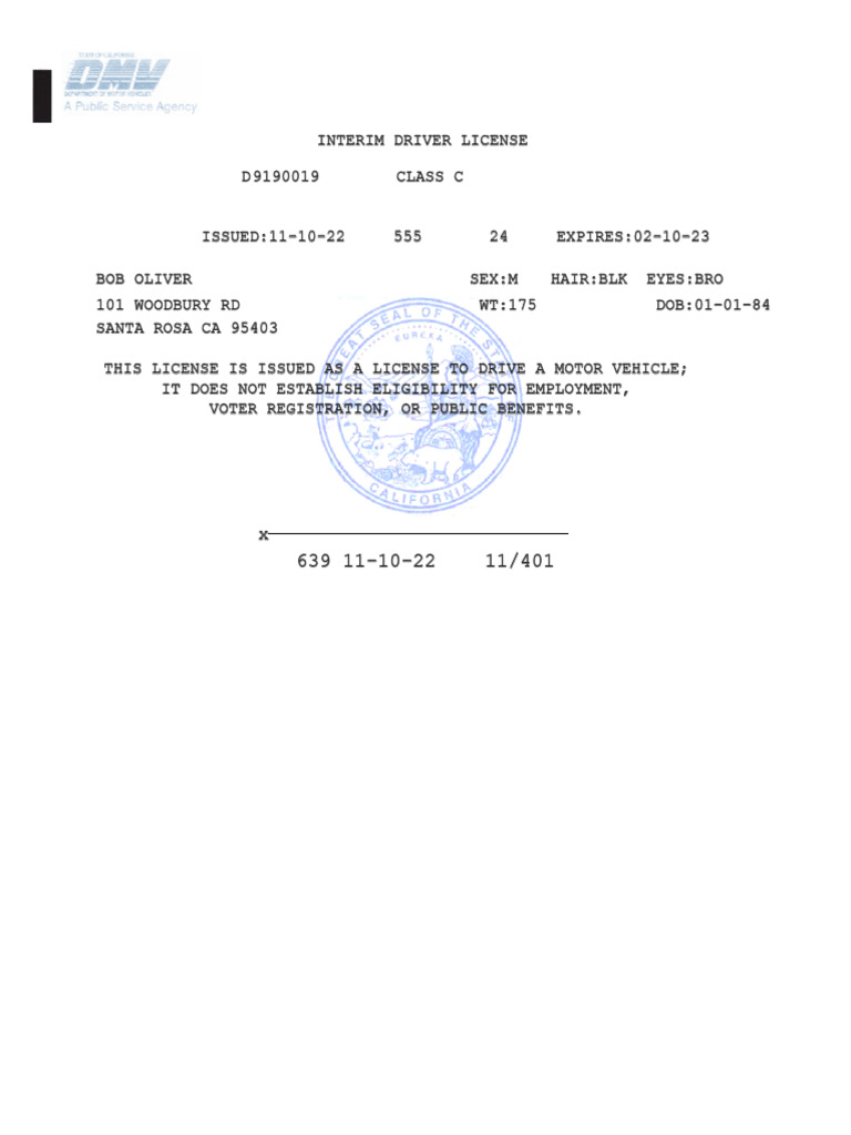 873198375 CA Interim Driver License Front | PDF
