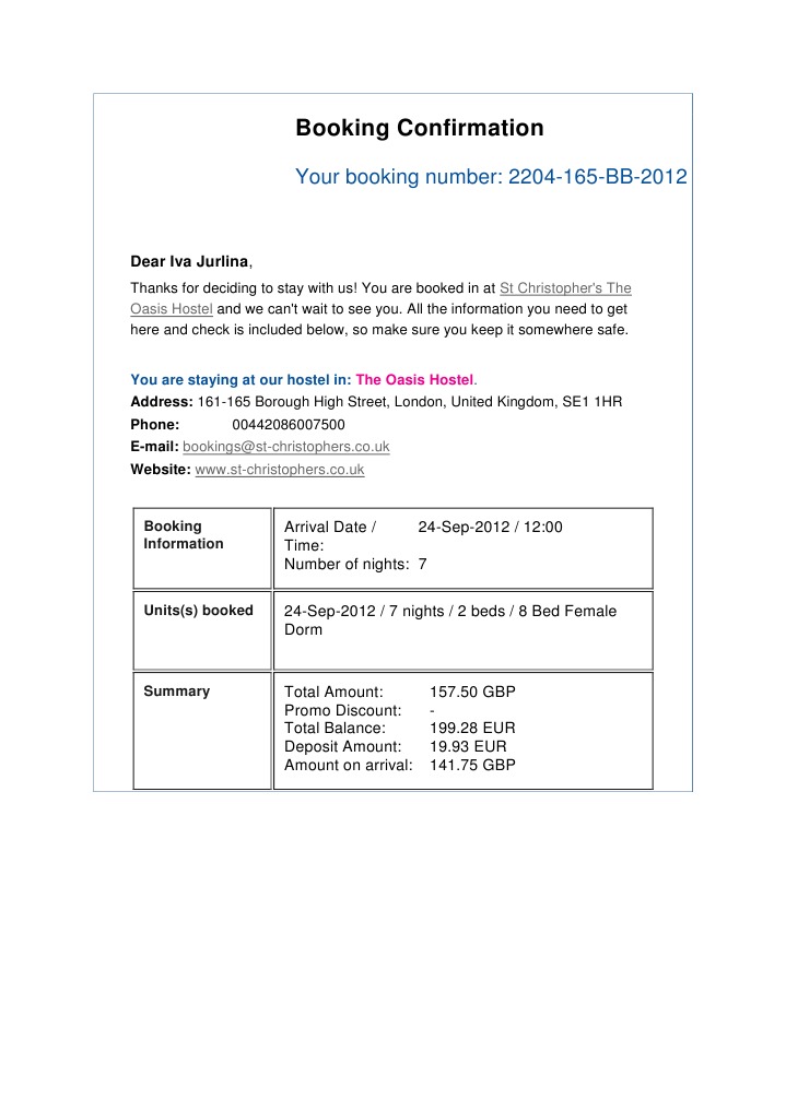 Booking Confirmation | London | Identity Document