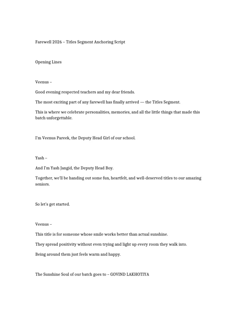 Farewell 2026 Titles Anchoring Script WITH NAMES | PDF