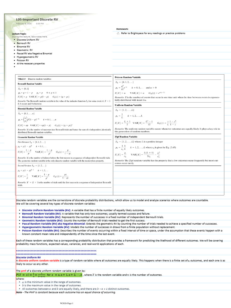 L05-Important Discrete RV | PDF | Probability Distribution | Random ...